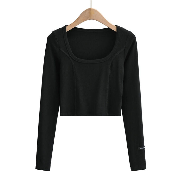 แนวอเมริกันสไตล์ฝรั่งแนวย้อนยุคเอวสูงเอวลอยเสื้อยืดแขนยาวสาวอ้วนแฟชั่นเข้ากับทุกชุดสลิมแลดูผอมคอ