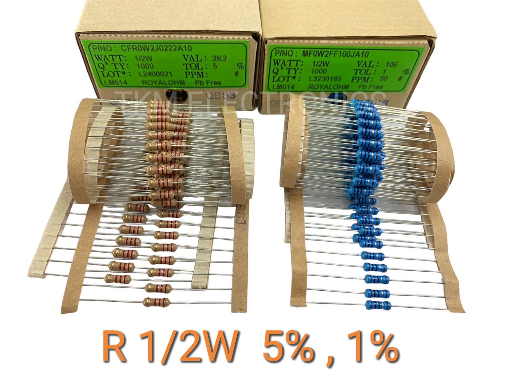 Resistor R1/2W 5% , 1% ROYAL OHMมีค่า1K ถึง 910K 1E ถึง910E มีค่าหลาก ...