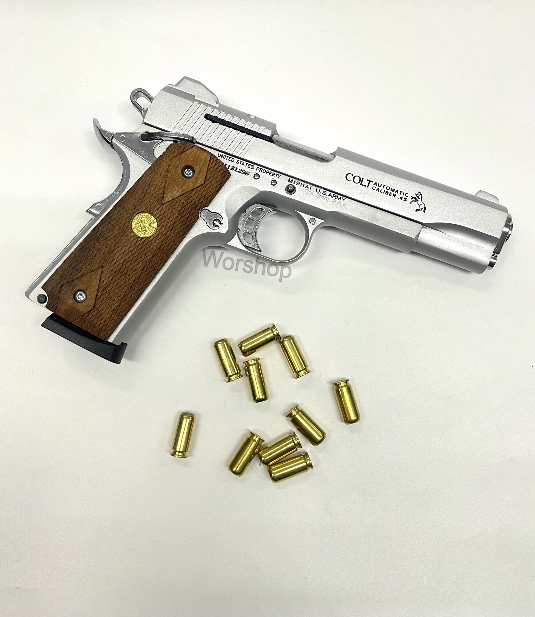 Blank Kuzey M1911“5”MK IV 9MM P.A.Kสีเงินด้านด้ามไม้ เหมาะสำหรับสะสม ...