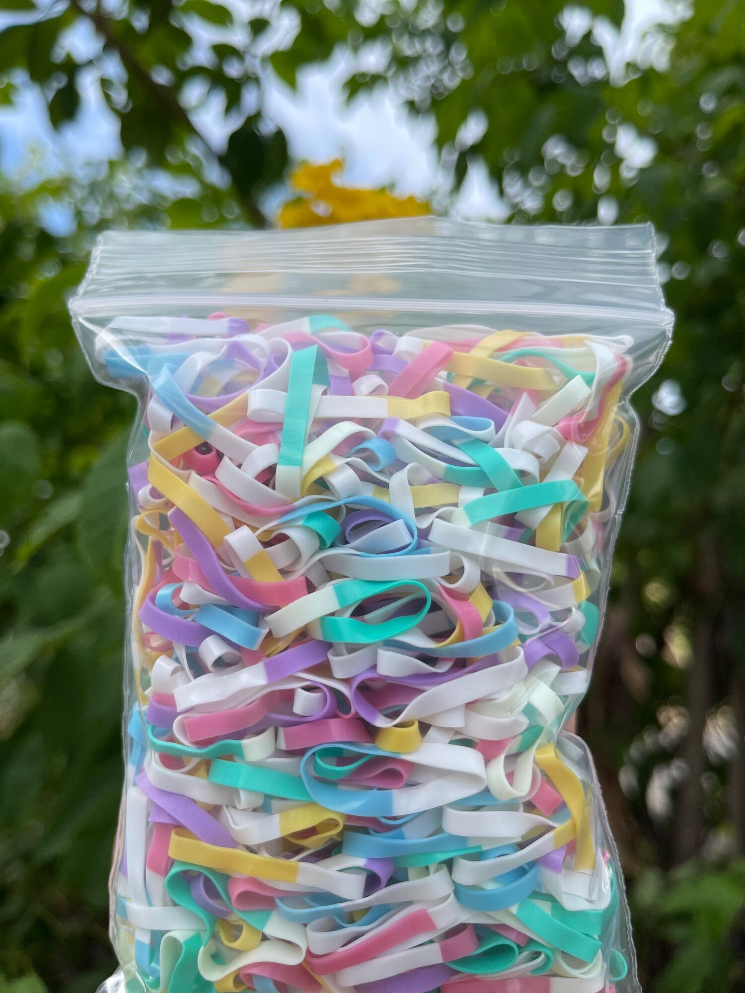 หนังยางรัดผม ยางมัดผม เส้นใหญ่รวมสีแต้มขาว 200/550 เส้น ใส่ถุงซิปล็อค ...