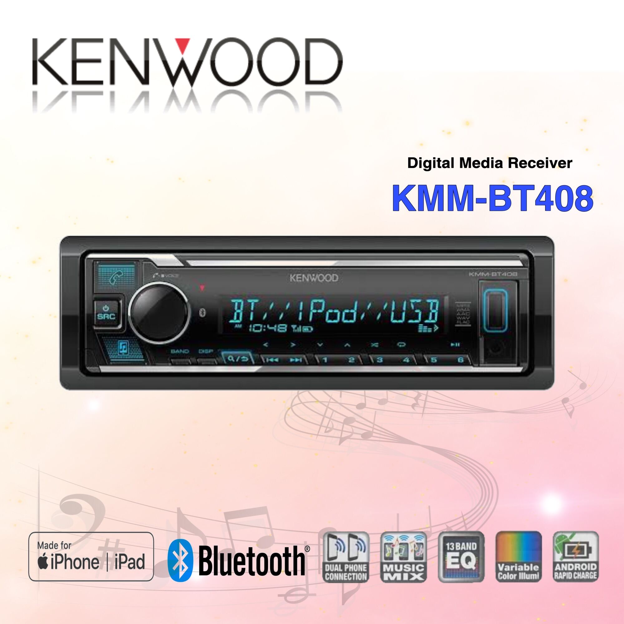 KENWOOD KMM-BT408 เครื่องเล่นวิทยุติดรถ 1 ดิน เชื่อมต่อบลูทูธ USB AUX ...