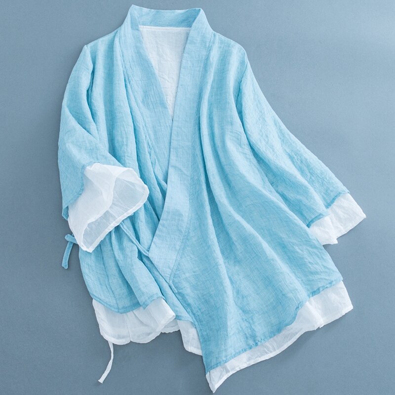 Qingniao เสื้อเชิ้ตสไตล์เซนผ้าฝ้ายผสมผ้าลินินสองชั้นสีพื้นผูกสายรัดเอว ...