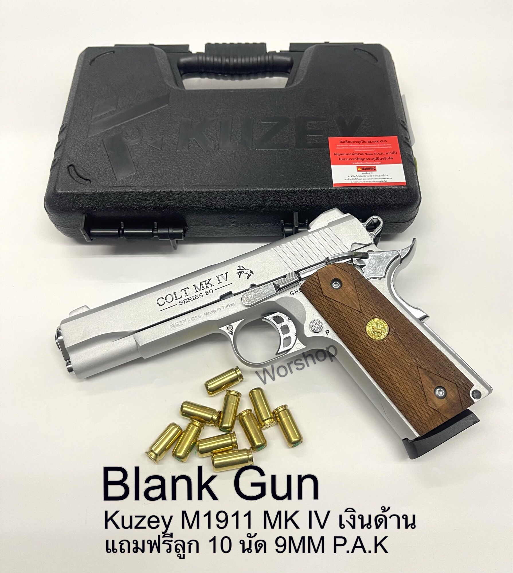 Blank Kuzey M1911“5”MK IV 9MM P.A.Kสีเงินด้านด้ามไม้ เหมาะสำหรับสะสม ...
