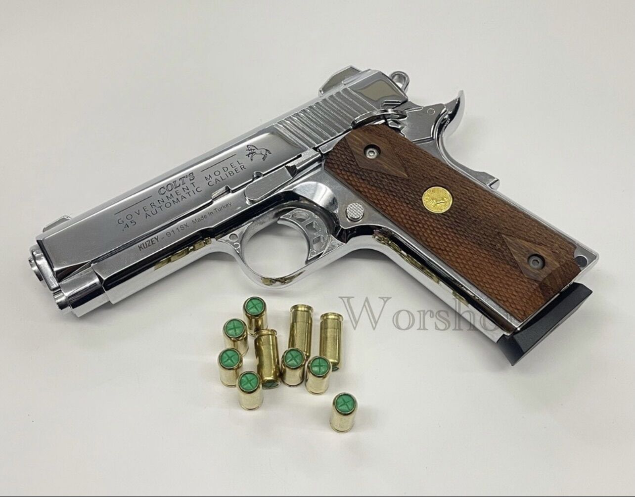 Blank Kuzey M1911 /9 mm P.A.K. ด้ามไม้แท้ สีเงิน เงา สำหรับเหมาะการแสดง ...