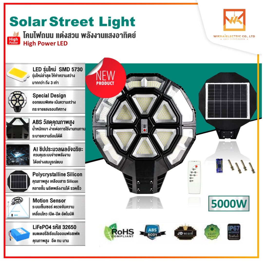 JD SOLAR โคมไฟ UFO LED Solar Streetlight Smart Sensor 5000W แสงขาว โคม ...