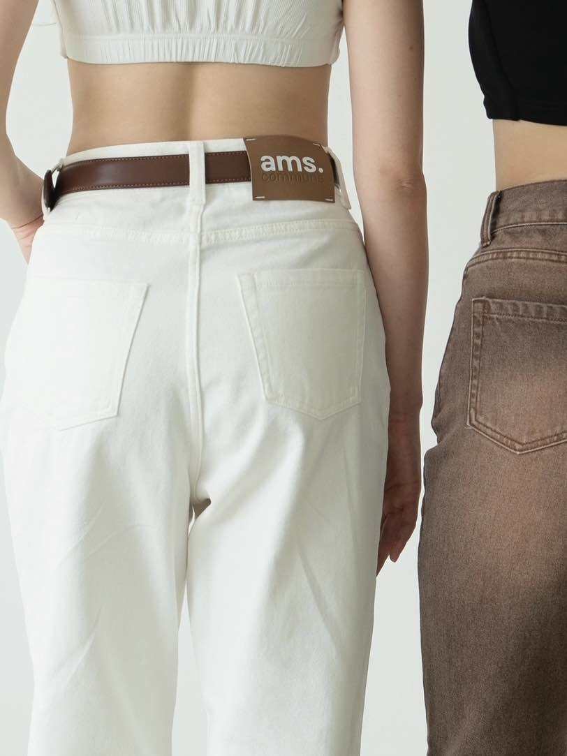 ams.commune กางเกงยีนส์ทรงกระบอกสีขาว | Lazada.co.th