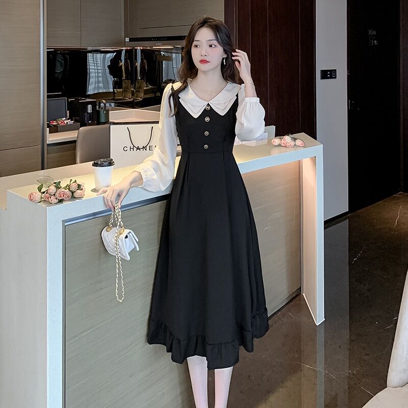 ชุดเดรสยาวเลยเข่ารัดเอวเรียบหรูสีตัดกันแบบปะต่อคอบัวสองชั้นสไตล์ฝรั่งเศสแนววินเทจเดรสสีดำแบบเฮป ...