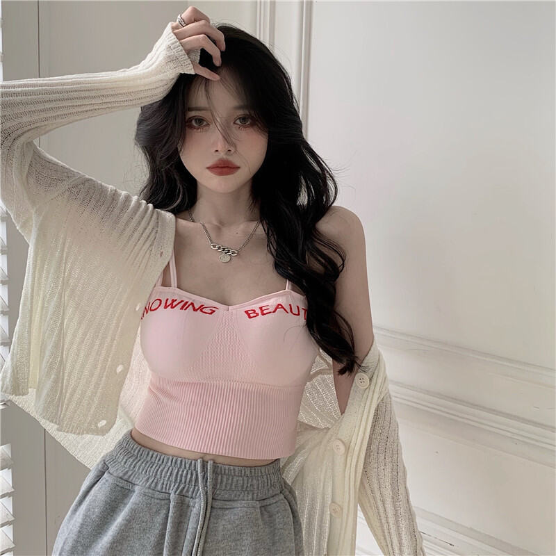 เสื้อสายเดี่ยวหญิงสไตล์เกาหลีสลิมแลดูผอมตัวอักษรซับในสหรัฐสายคล้องไหล่ฟองน้ำเสริมหน้าอกชุดชั้นใน