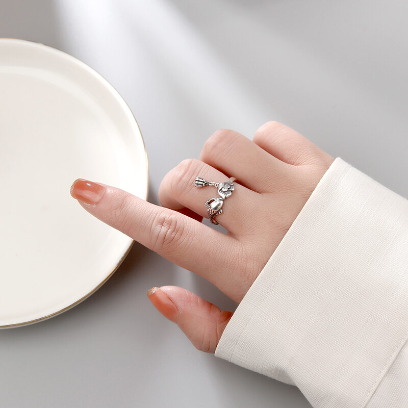 แหวนเงินแท้แบบปลายเปิดรูปดอกบัวปลาคราฟวินเทจสำหรับผู้หญิงแหวนนิ้วชี้นำโชคนำโชคลาภนำโชคแบบใหม่ ...