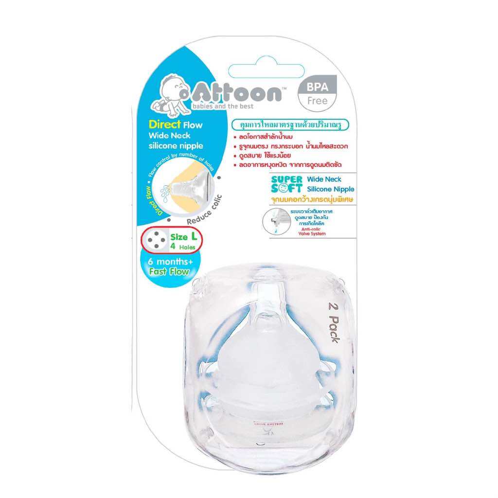 ATTOON จุกนม Direct Flow จุกนมทรงตรง หลายรู ควบคุมการไหล จุกกันสำลัก คอกว้าง | Lazada.co.th