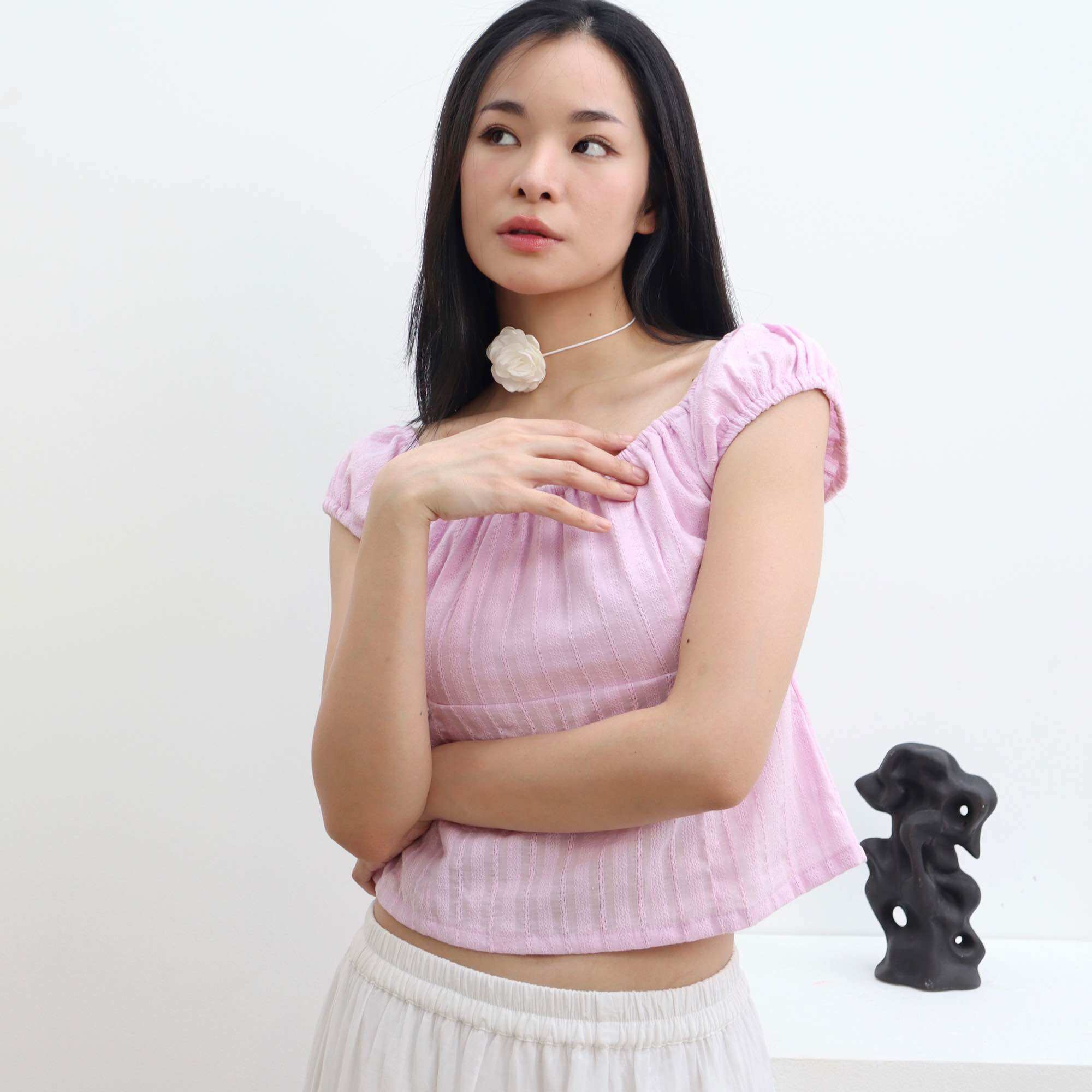 Theremin Betty top เสื้อลูกไม้แขนตุ๊กตาเข้ารูปตกแต่งลูกไม้ (Pink, black) | Lazada.co.th