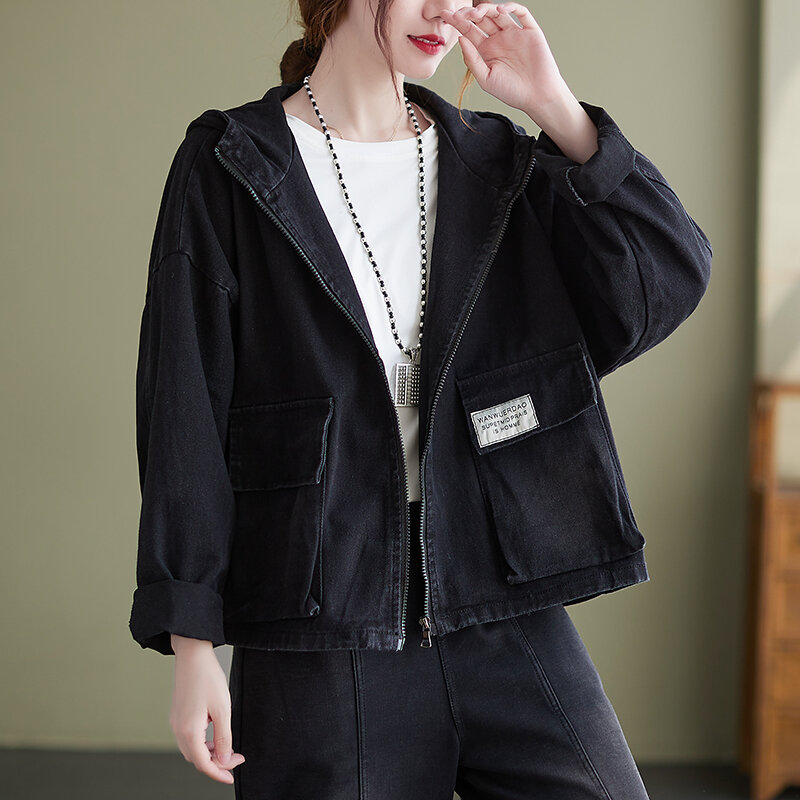 ขนาดใหญ่เสื้อผ้าหญิงสำหรับฤดูใบไม้ร่วงแนวย้อนยุคผ้ายีนส์ล้างน้ำเสื้อคลุมทรงสั้นหลวมลำลองป้ายติด ...