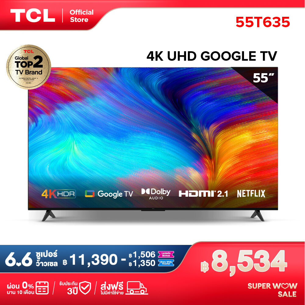 TCL ทีวี 55 นิ้ว LED 4K UHD Google TV รองรับ WiFi รุ่น 55T635 ระบบ ...
