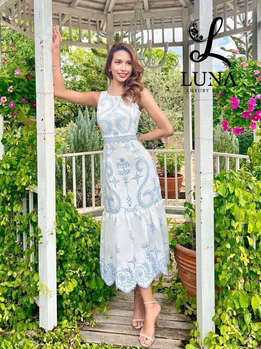 🌺🌺ป้าย Luna🌺🌺เดรสยาวทรงสวยทิ้งชานระบายหางปลา เรียบหรู | Lazada.co.th