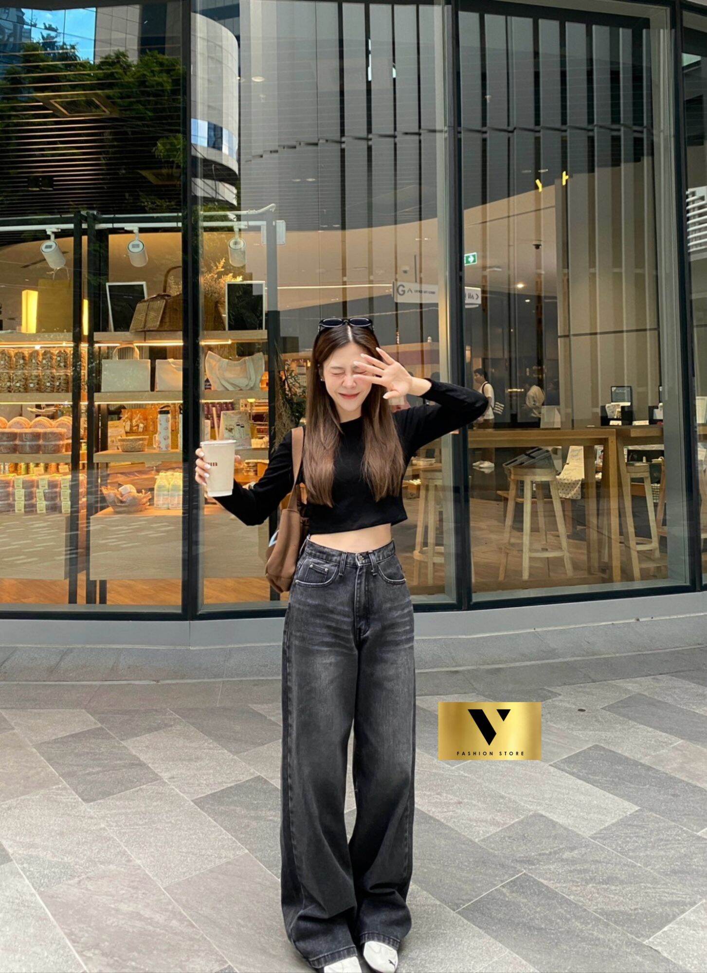 V-JEANSกางเกงกระบอกใหญ่ เอวสูง ผ้าไม่ยืด สะโพกปล่อยต้นขากว้าง ผ้านิ่ม ...