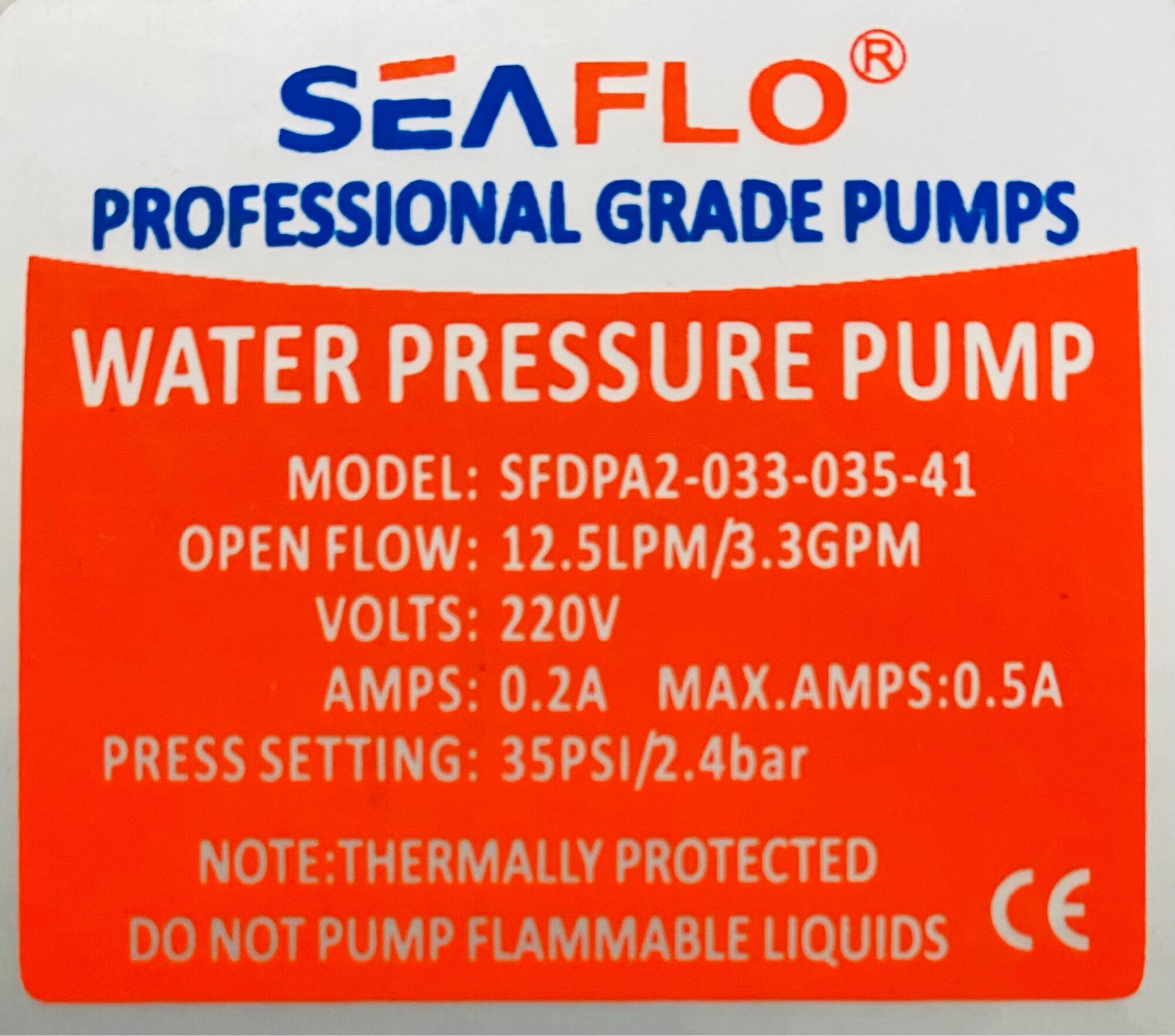 ปั้มน้ำ 220 V ยี่ห้อ SEAFLO รุ่น SPDPA2-033-035-41 แรงดัน 2.4 บาร์ อัตราการใหลสูงสุด 750 ลิตร ...