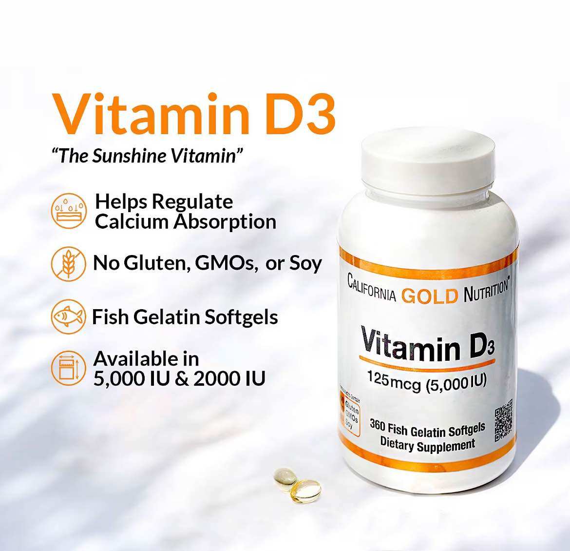 California Gold Nutrition Vitamin D3 125 mcg (5000 IU)90 softgels ...