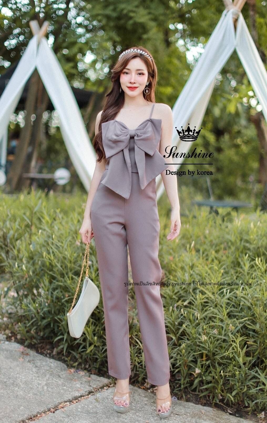 💙พร้อมส่ง M L💙ป้าย Lady Sunshine💕Set เสื้อสายเดี่ยว แต่งโบว์ + กางเกง ...