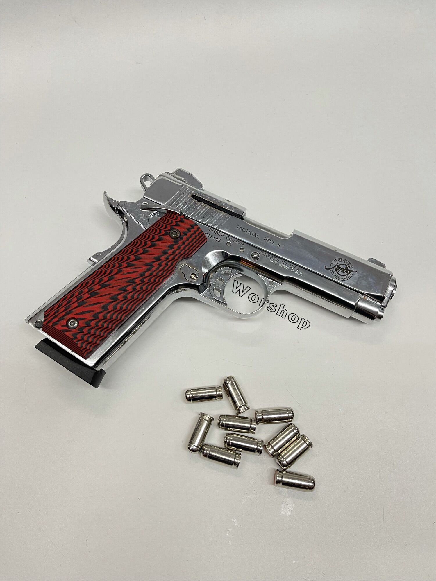Blank Kuzey M1911 9mm. P.A.K. “ KIMBER” สีเงินเงาประกับG10แดง ใช้สำหรับ ...