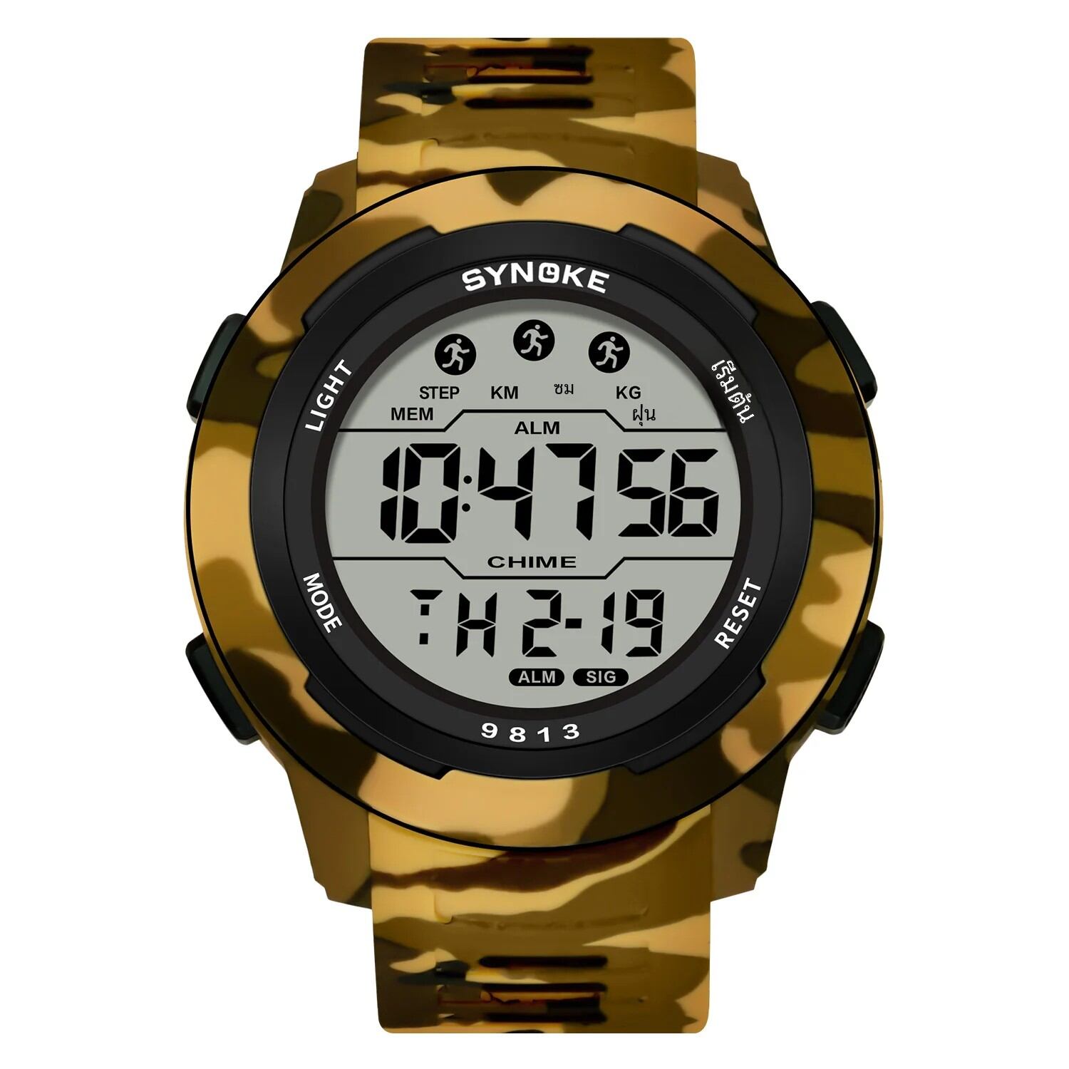 นาฬิกาสปอร์ตลายพรางทหารนาฬิกากันน้ำ5BAR สำหรับผู้ชาย Jam Tangan Digital ผู้ชาย synoke 9813b ...