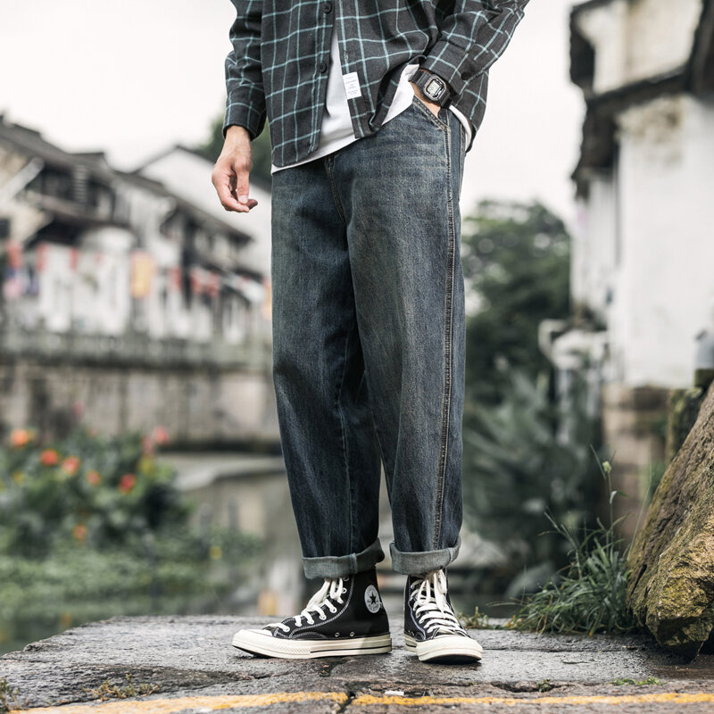 Meng Mo กางเกงยีนส์สีน้ำเงินเข้มแนววินเทจสำหรับผู้ชายกางเกงฮาเร็มขา9 ...