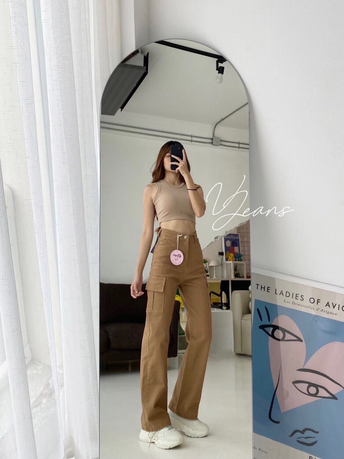 👑V-JEANS👑ป้ายCHU🇰🇷กางเกงยีนส์เอวสูง ยีนส์ กางเกงยีนส์ทรงกระบอก กางเกงทรงคาร์โก้ Cargo กระเป๋า ...