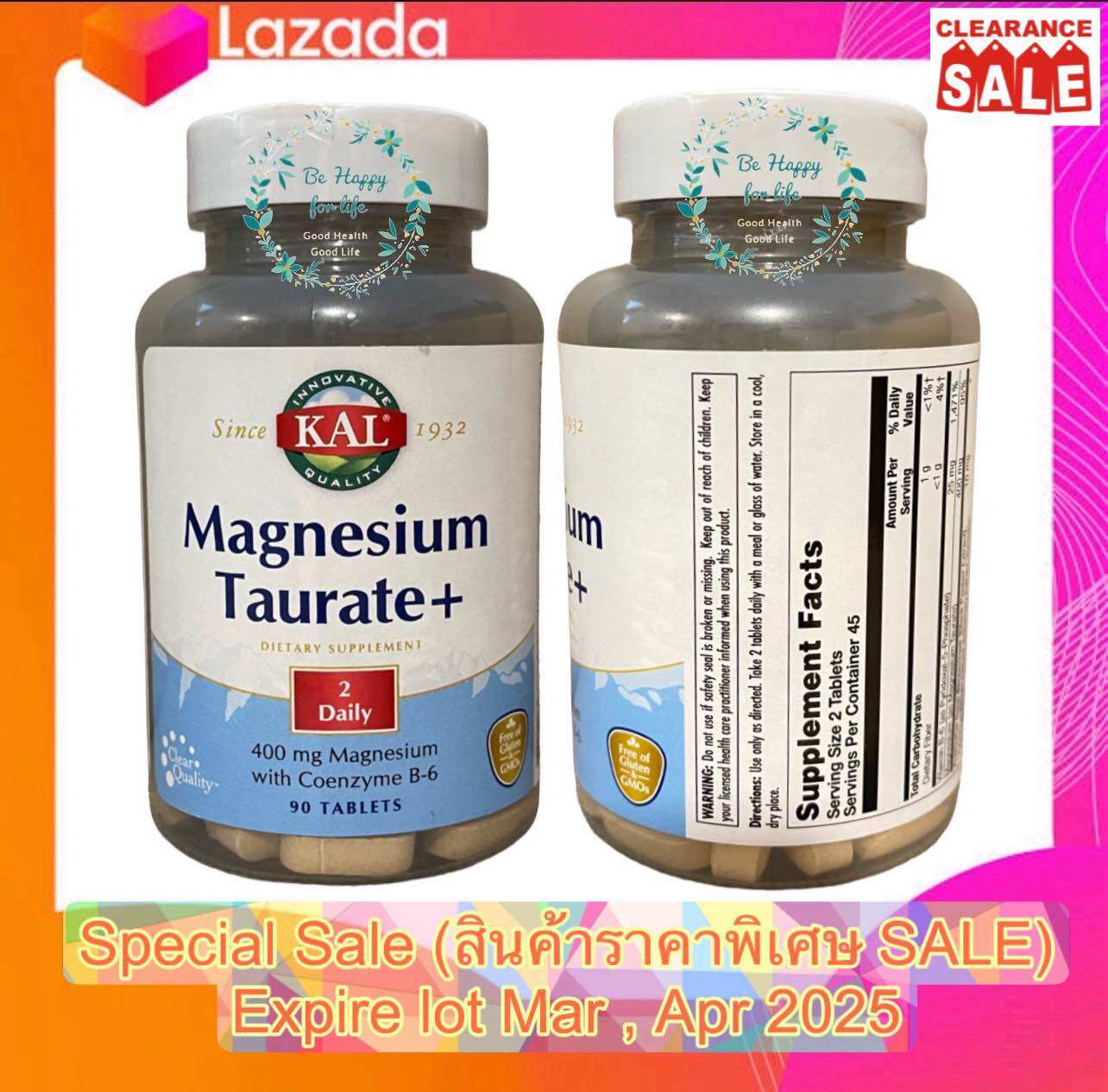 SALE (Expire lot Mar,Apr 2025) KAL , Magnesium Taurate +, 400 mg, 90 ...