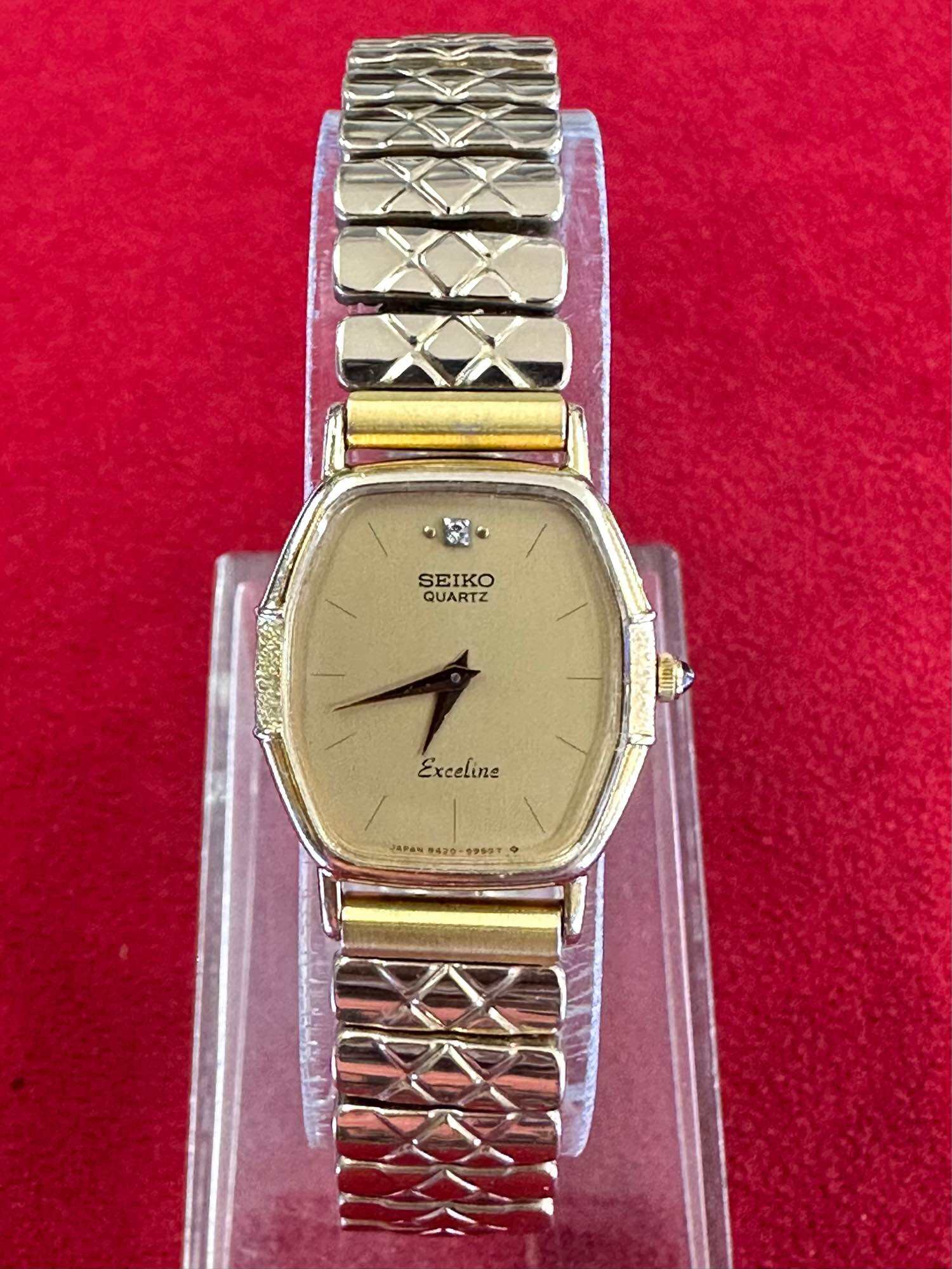 Seiko Exceline Quartz ตัวเรือนทอง 10K เพชรแท้ 1 เม็ด นาฬิกาผู้หญิง มือ ...