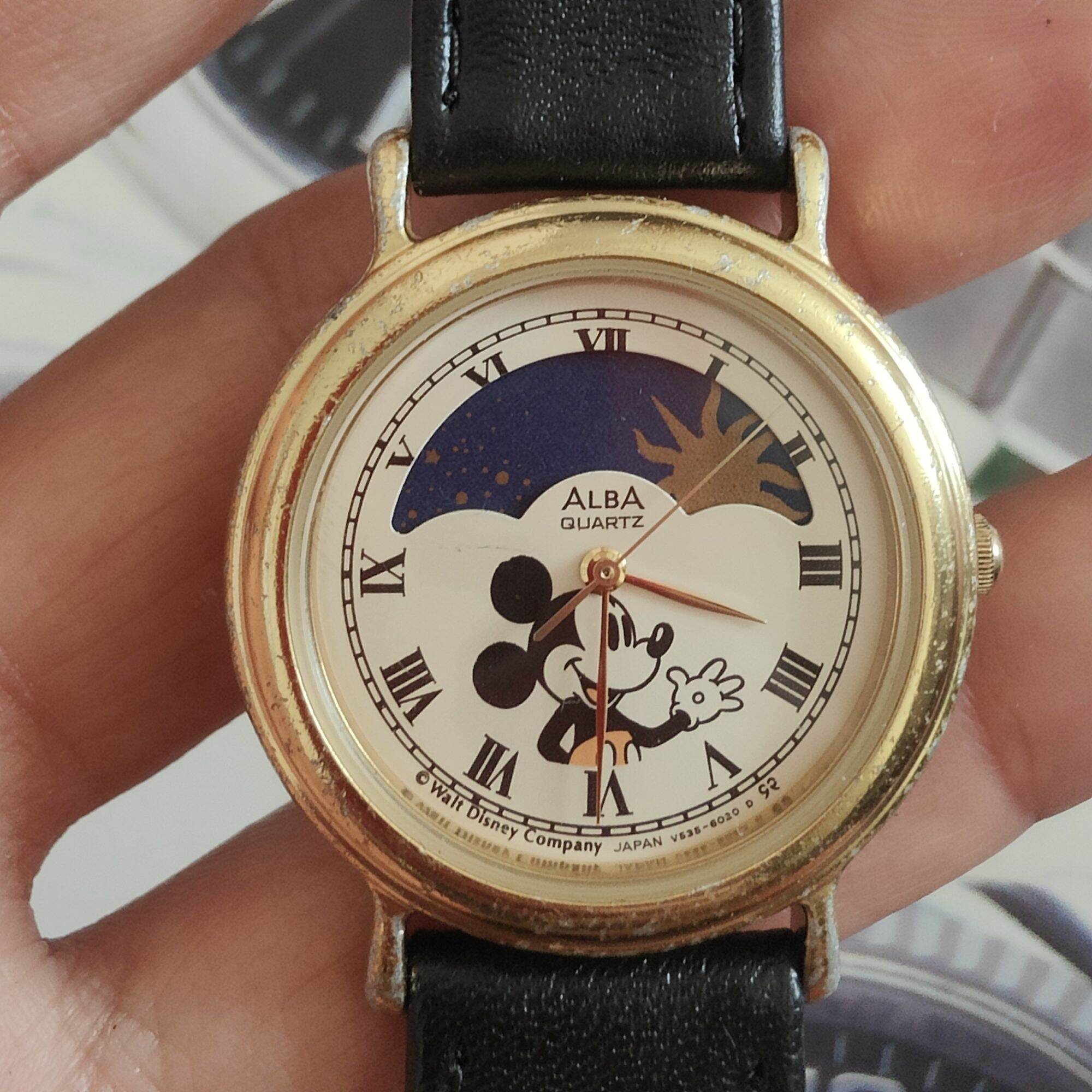 นาฬิกาวินเทจ Alba มิกกี้เมาส์ มือสองหน้าพระจันทร์ หลักโรมัน ระบบ Quartz ...