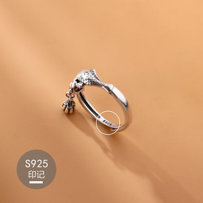 แหวนเงินแท้แบบปลายเปิดรูปดอกบัวปลาคราฟวินเทจสำหรับผู้หญิงแหวนนิ้วชี้นำโชคนำโชคลาภนำโชคแบบใหม่ ...