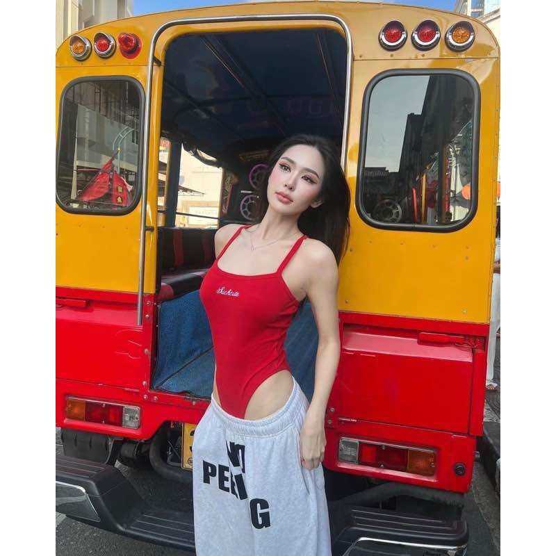 MBell. ( A104 ) บอดี้สูท สายเดี่ยวเซ็กซี่ เข้ารูป พิมพ์ลายตัวอักษร สีดํา แฟชั่นฤดูร้อน สไตล์ ...