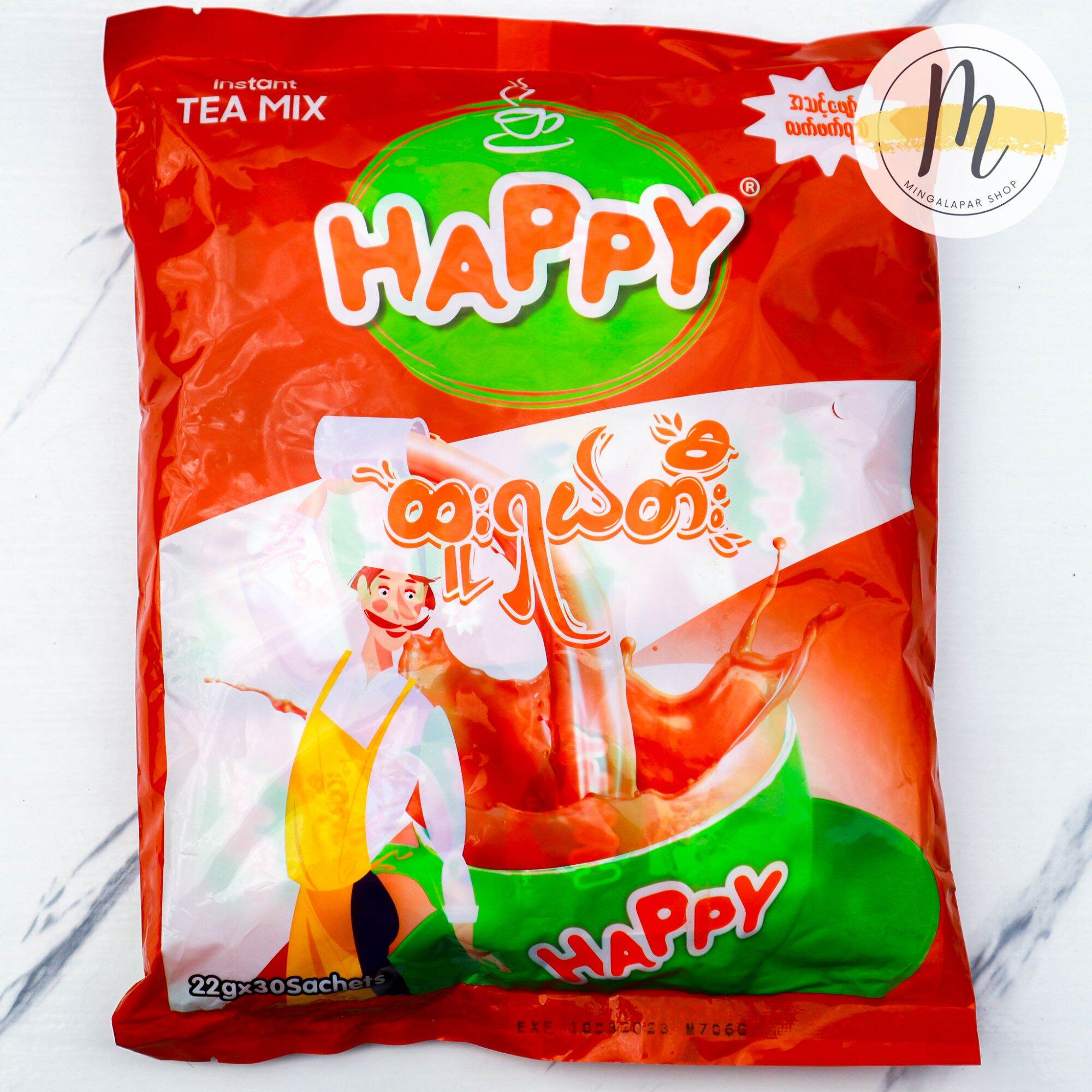Happy ဟက်ပီး ထူးရှယ်တီး မြန်မာ့လက်ဖက်ရည် အသင့်ဖျော် ထုပ် ၃၀ ပါ แฮปปี้