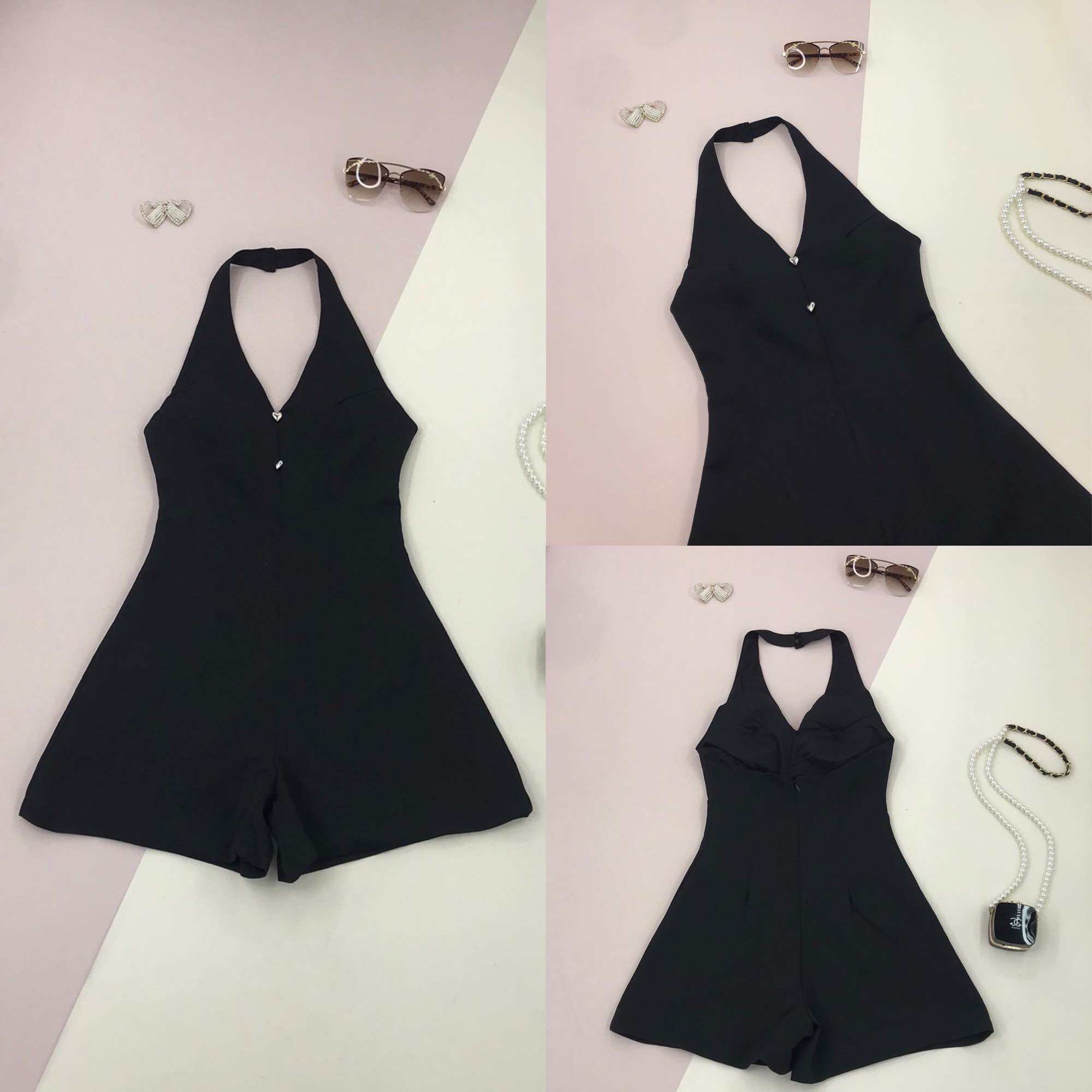 ELSA Y047 จั๊มกางเกงขาสั้นแขนกุดคอวีคล้องคอโชว์หลังแต่งกระดูมหัวใจ เรียบหรูดูแพงเซ็กซี่ ใส่ ...