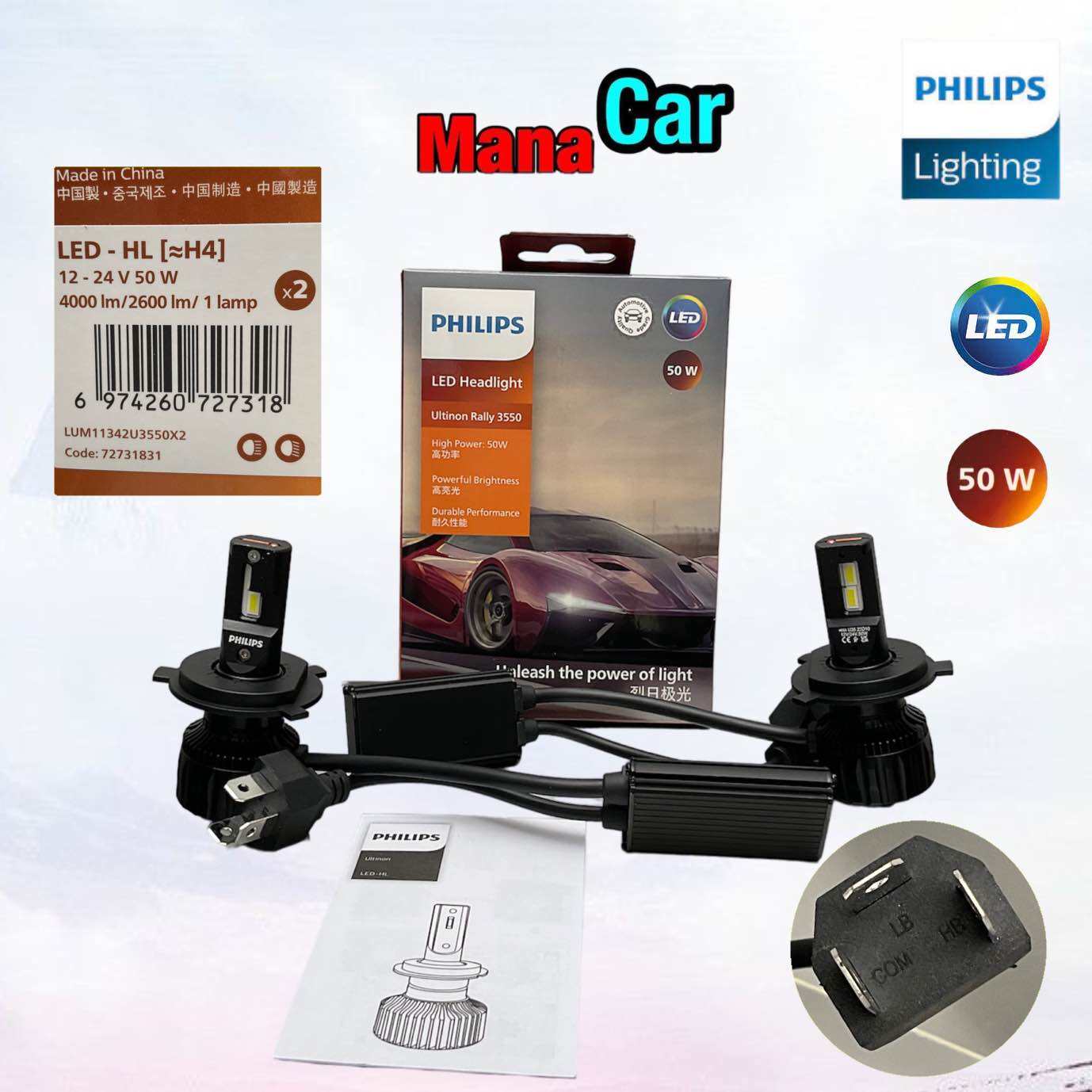 หลอดไฟหน้า LED Philips H7 H4 HB3 HB4 H11 HIR2 Rally Lampu LED Mobil 50 ...