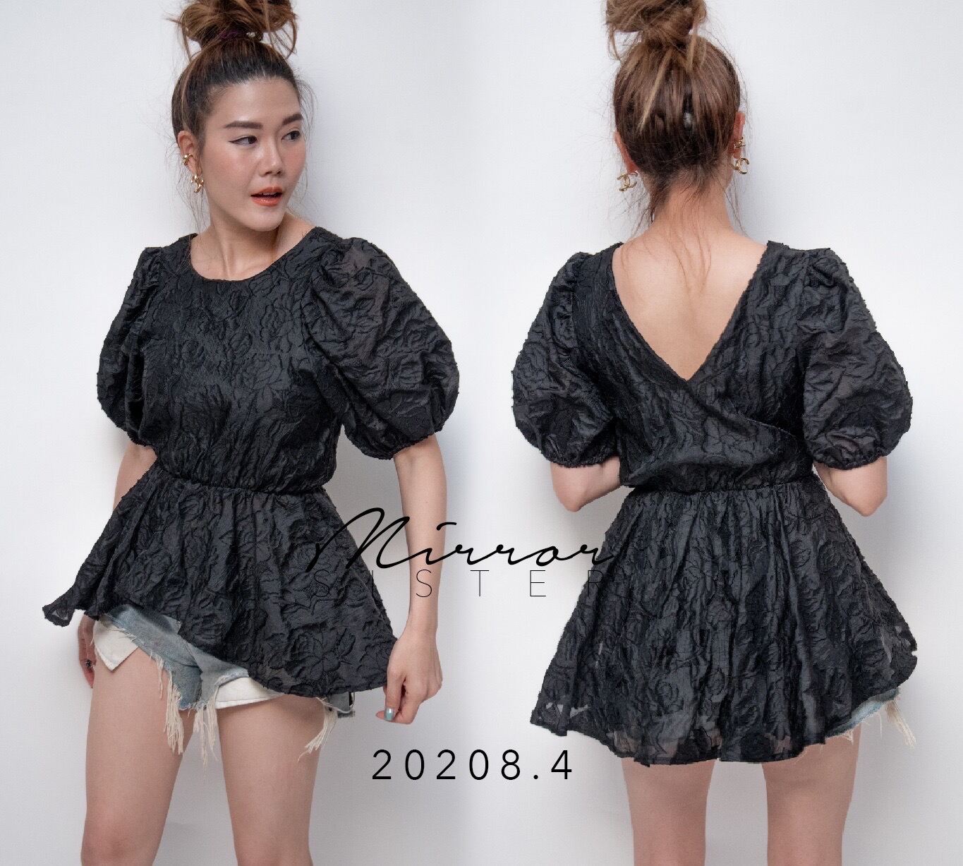 ป้าย Mirrorsister 20208.4 เสื้อทรงเก๋ เนื้อผ้าสวยทอลายนูน ช่วงตัวมีซับ ...