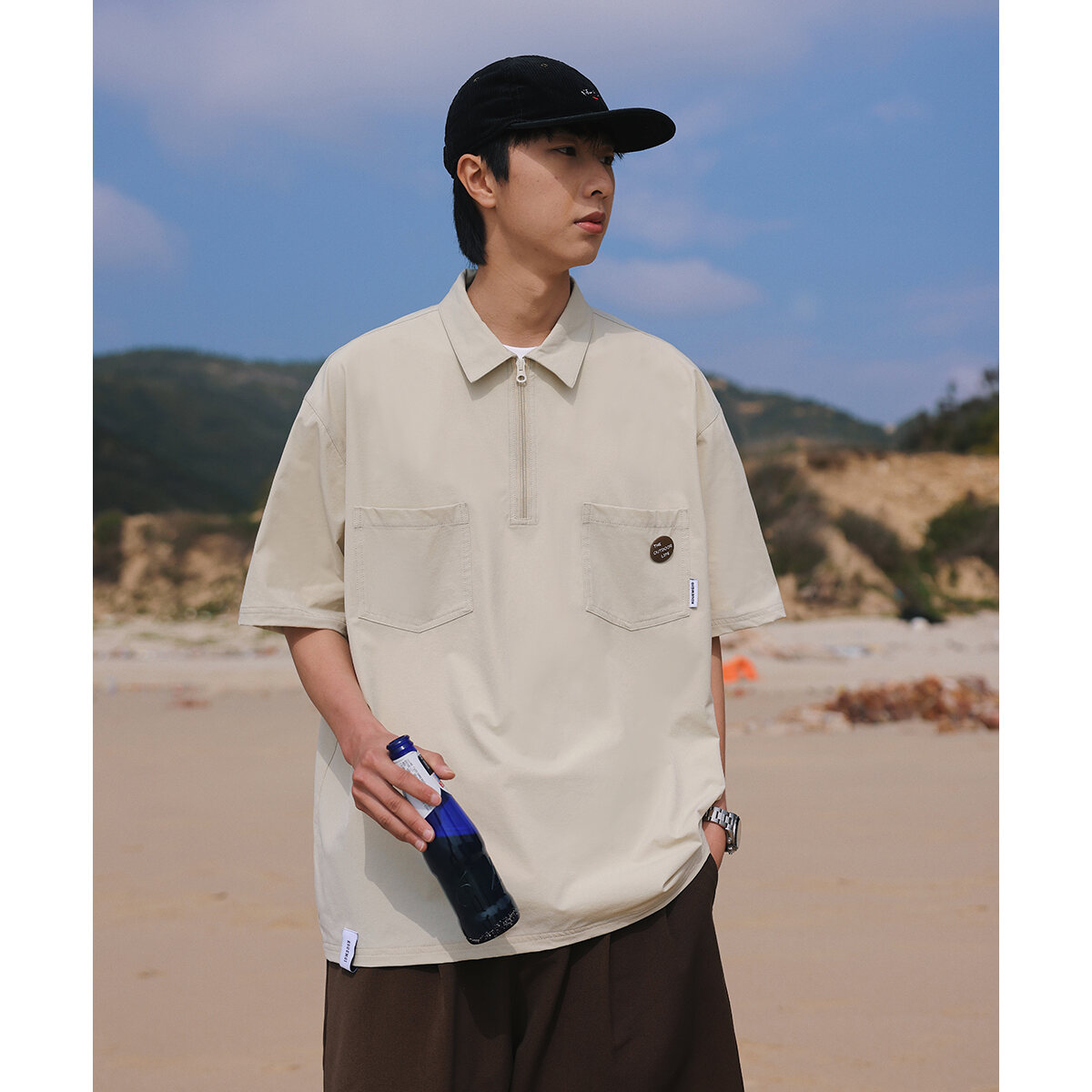 Kouemgi เสื้อเชิ้ตแนวช่างกลมีกระเป๋าหลายใบสไตล์ญี่ปุ่น AMEI เสื้อเชิ้ตแขนสั้นลำลองทรงหลวมปกแหลม ...