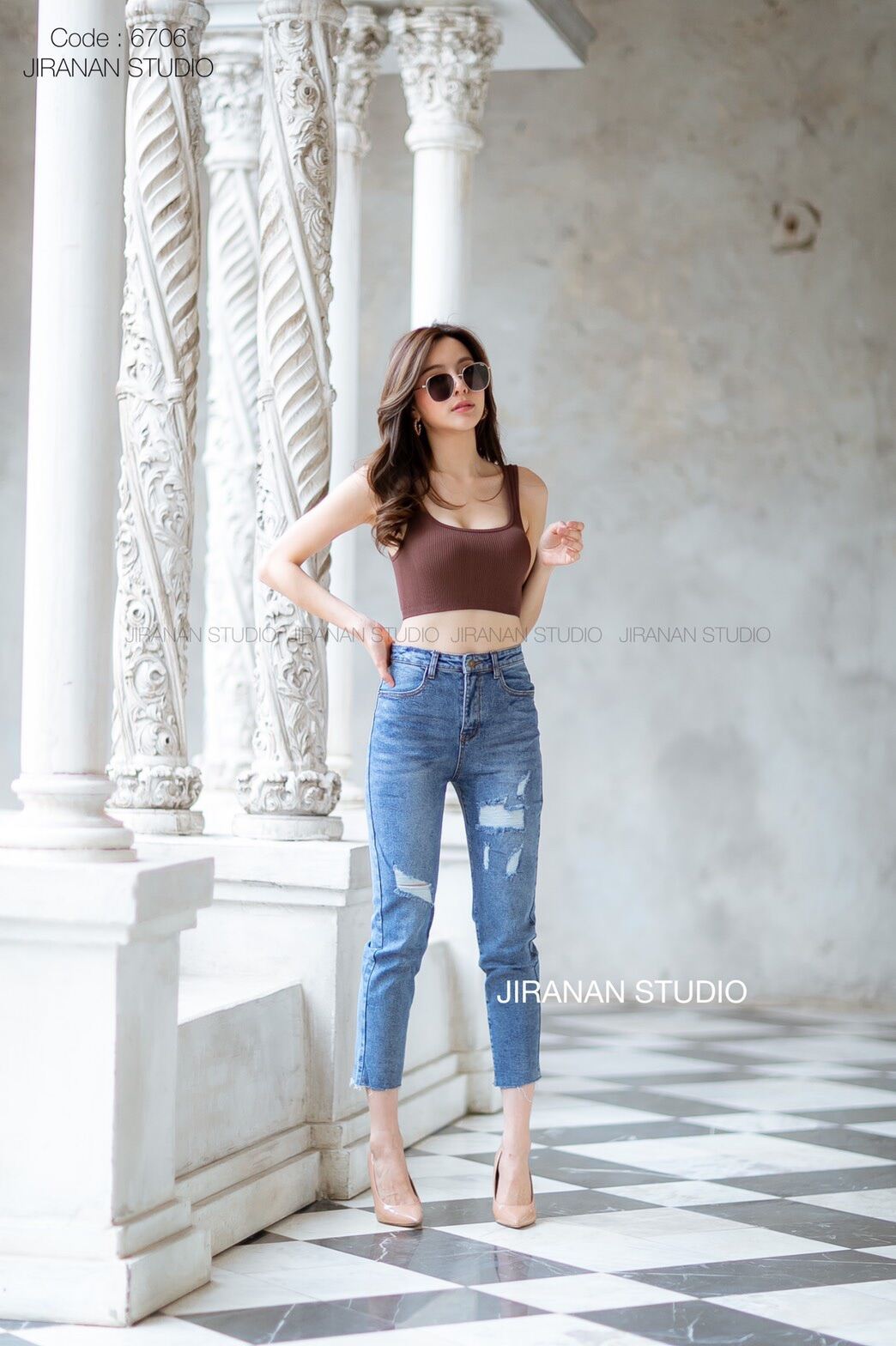 ยีนทรงบอย เอวสูง แต่งขาด ผ้ายีนยืด ป้ายJiranans No.6706 - Mintarnshop - ThaiPick