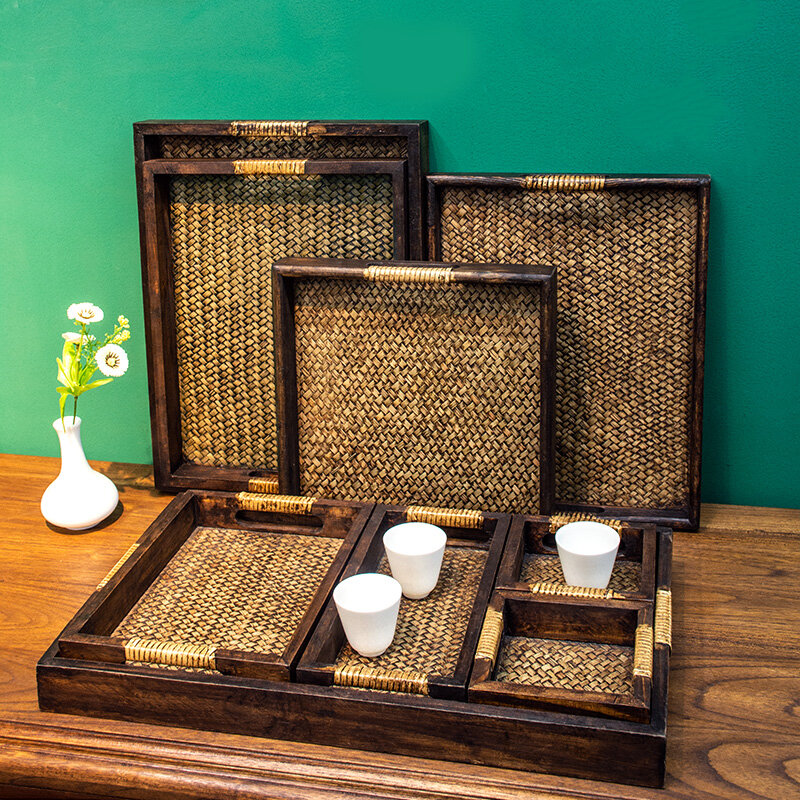 Retro Wooden Tea Tray Rectangle Shaped Handmade Dining Utensils Storage ...