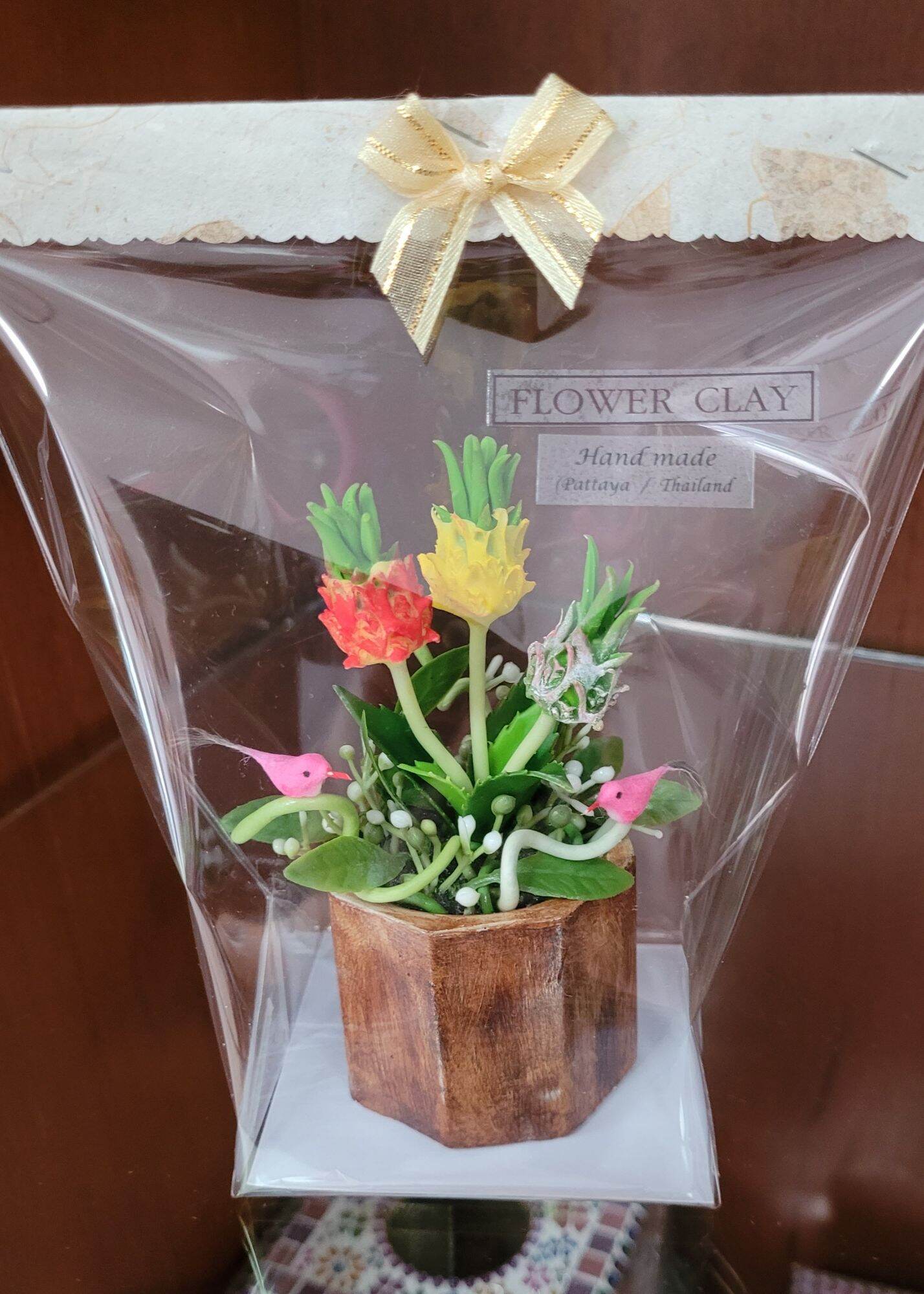 ต้นไม้ปลอม ต้นไม้จิ๋ว สับปะรดสี ดินปั้น นก กระถางปูน 8 เหลี่ยมลายไม้