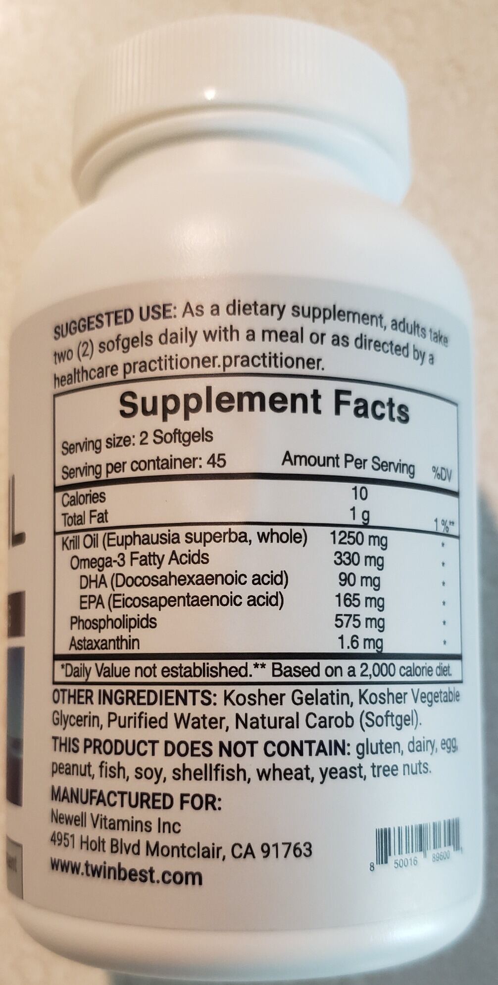 Twinbest Antarctic Krill Oil Softgels 1250mg Per Serving 90 Softgels Supply Rich in Omega 3 ...