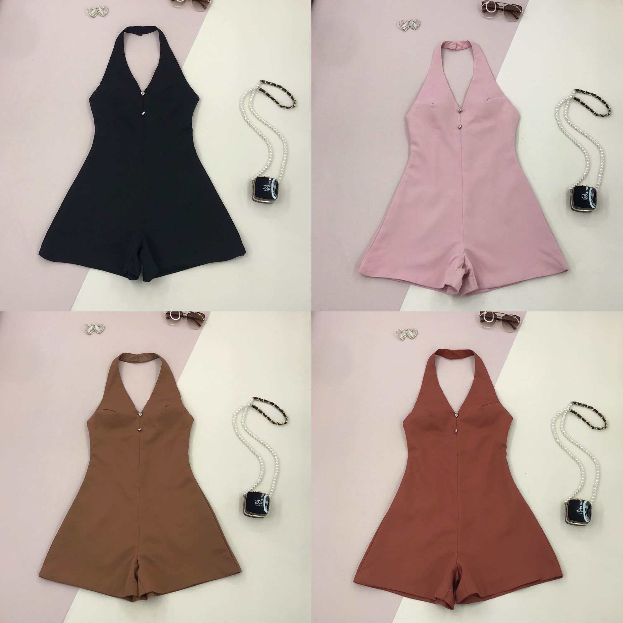 ELSA Y047 จั๊มกางเกงขาสั้นแขนกุดคอวีคล้องคอโชว์หลังแต่งกระดูมหัวใจ ...