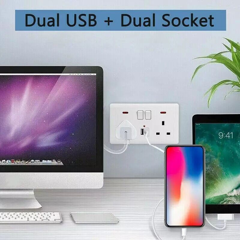 Double Wall Plug Socket With 2 USB Charger Port Outlets Plate AC Power ...