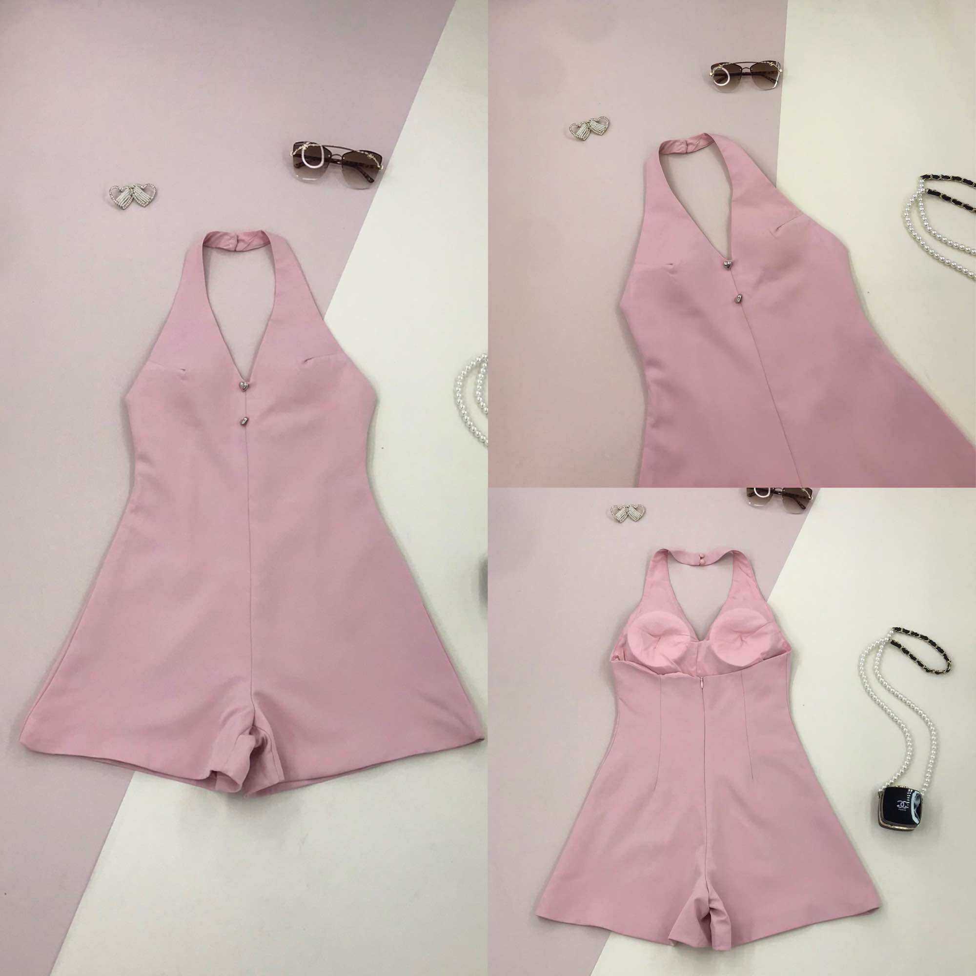 ELSA Y047 จั๊มกางเกงขาสั้นแขนกุดคอวีคล้องคอโชว์หลังแต่งกระดูมหัวใจ เรียบหรูดูแพงเซ็กซี่ ใส่ ...