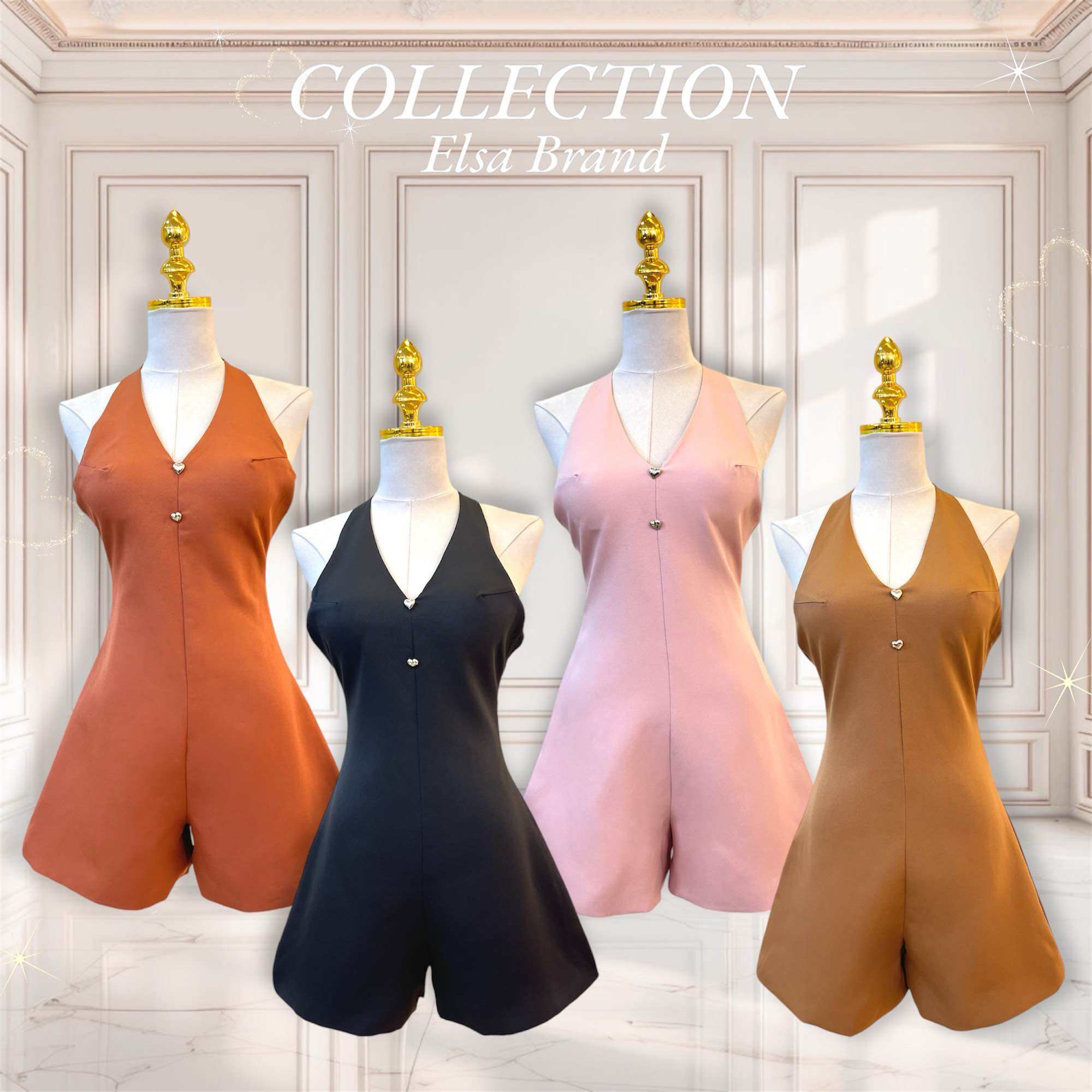 ELSA Y047 จั๊มกางเกงขาสั้นแขนกุดคอวีคล้องคอโชว์หลังแต่งกระดูมหัวใจ เรียบหรูดูแพงเซ็กซี่ ใส่ ...