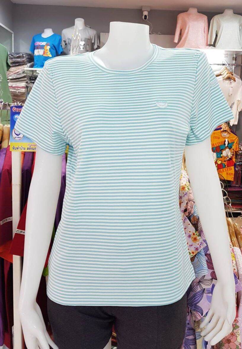 เสื้อแตงโม คอกลมแขนสั้น ลายริ้วทอเนื้อผ้ายืด ใส่สบาย มาใหม่ สินค้ามี