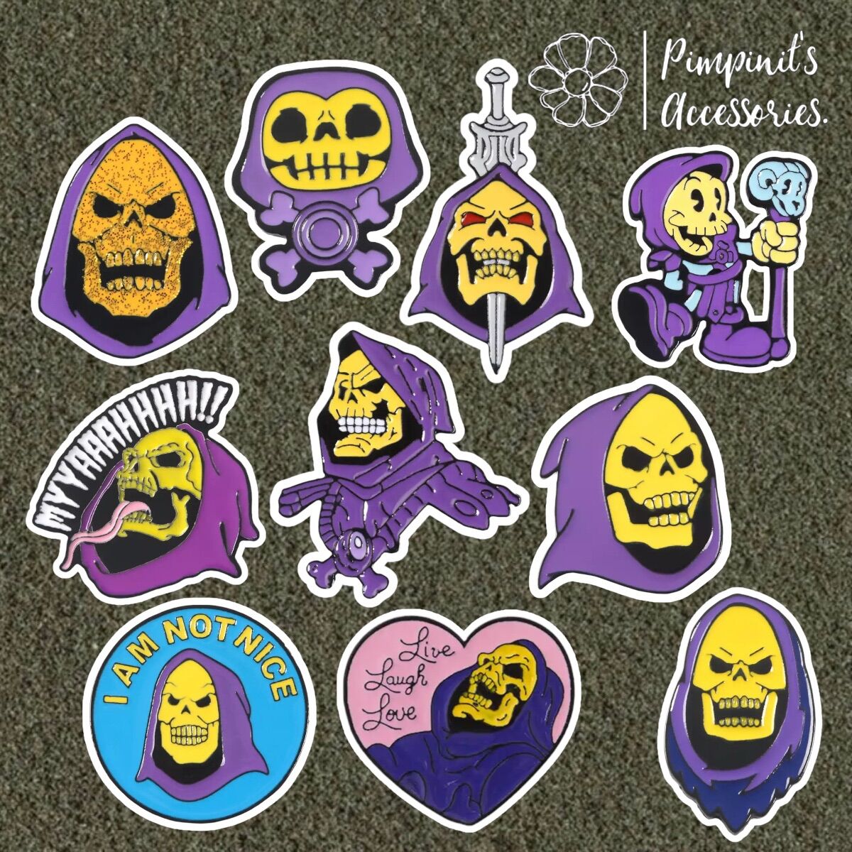พร้อมส่ง เข็มกลัดเซ็ทปีศาจหัวกระโหลกผ้าคลุมสีม่วง Purple Blanket Skull ...