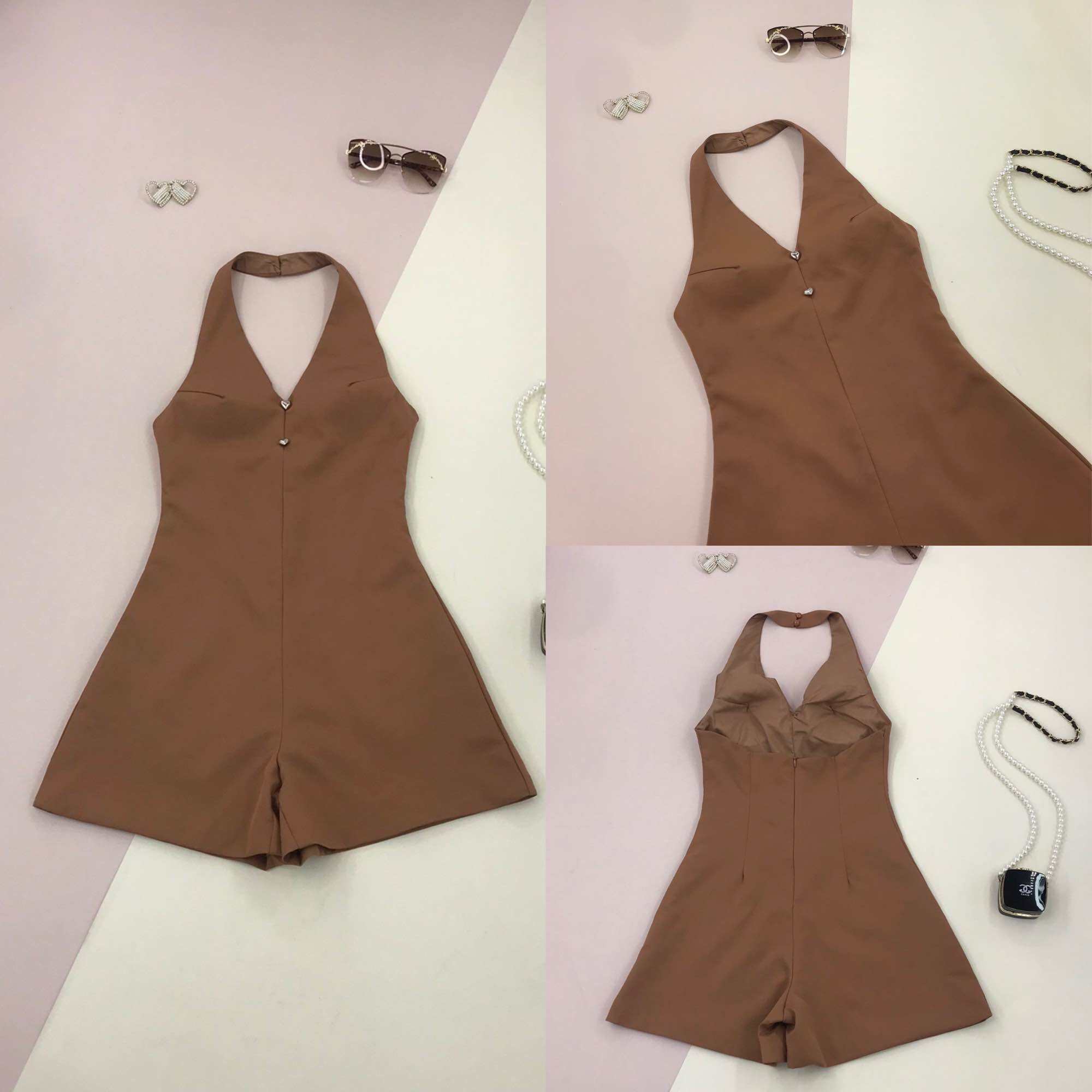 ELSA Y047 จั๊มกางเกงขาสั้นแขนกุดคอวีคล้องคอโชว์หลังแต่งกระดูมหัวใจ เรียบหรูดูแพงเซ็กซี่ ใส่ ...