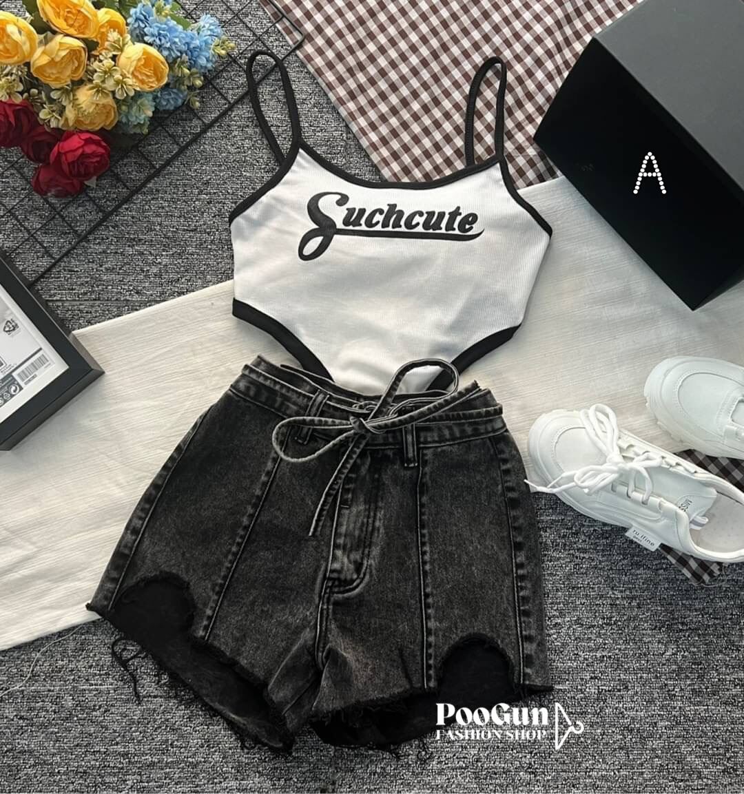 Set2ชิ้น บอดี้สูทสายเดี่ยว + กางเกงยีนส์ขาสั้น บอดีสูทเว้าเอว ชุดเซ็ต เซท2ชิ้น ♾️ PooGun Shop ♾️ ...