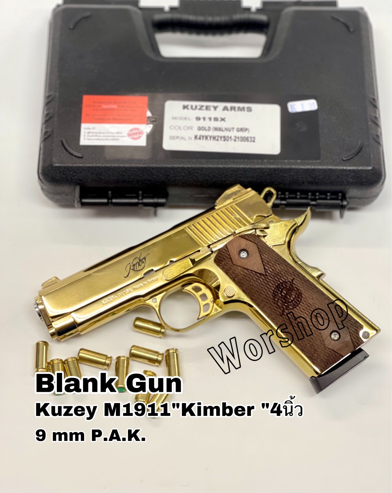 Blank Kuzey M1911 “4นิ้ว “KIMBER “สีทอง 9mm P.A.K. เหมาะสำหรับถ่ายทำ ...
