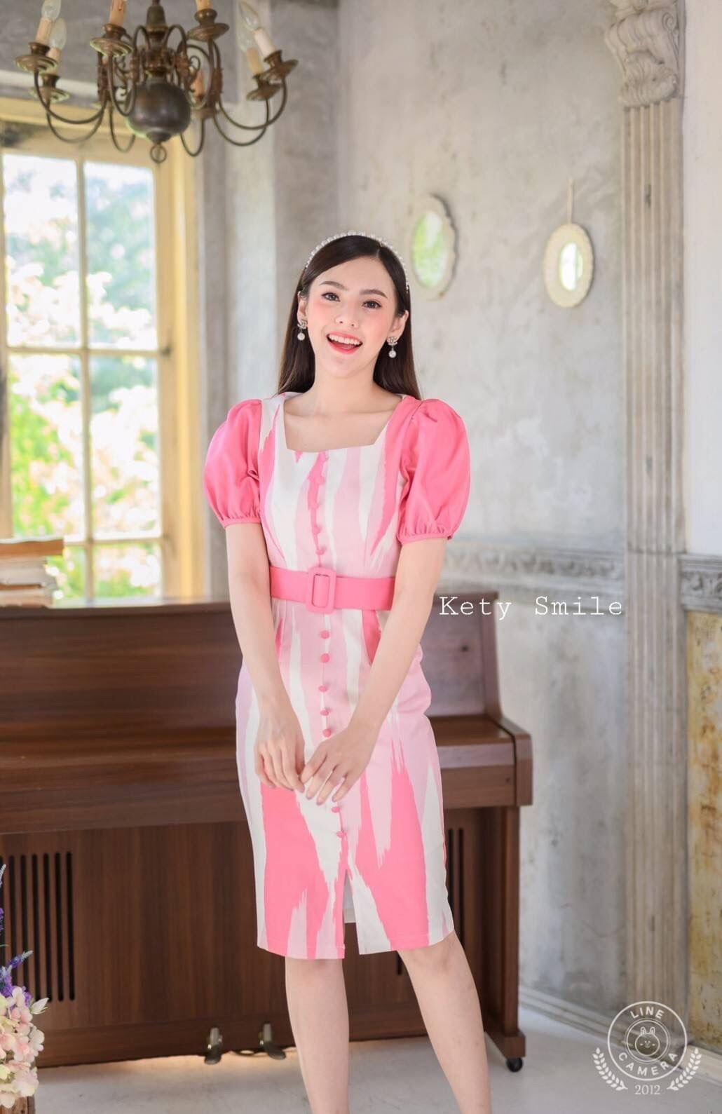 งานป้ายKety smile ชุดเดรสผ้าไหมญี่ปุ่นลายไทยอัดกาว ชุดผ้าไทยสีชมพู แถมเข็มขัดเข้าชุด บุซับในเย็บ ...